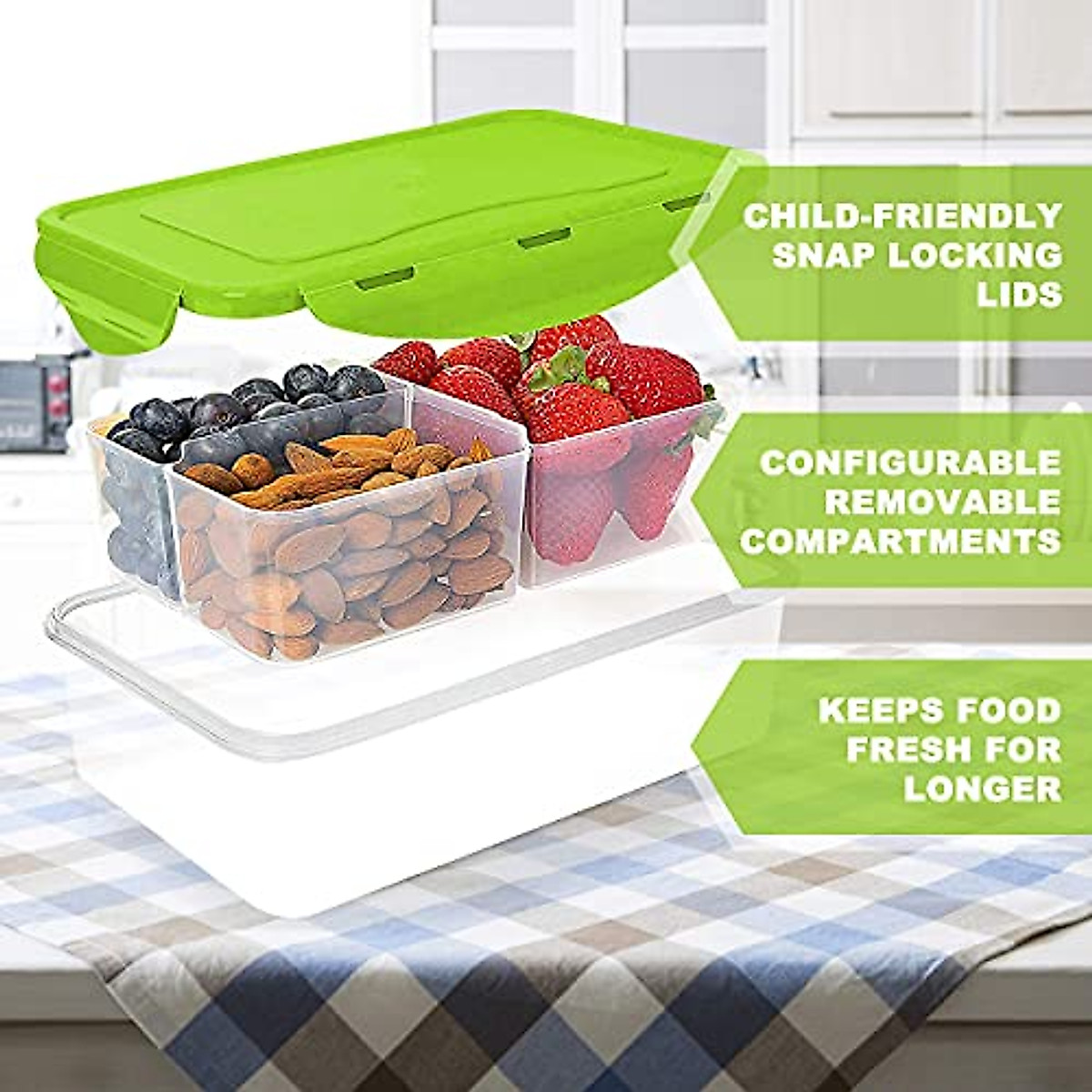 By Caleb Company 3 Pack Green Bento Boxes - 39 Ounce Divided Food Storage Containers With Lids - Leakproof, BPA Free Bento Lunch Box for Adults & Kids Lunches Is Safe For Dishwasher & Microwave