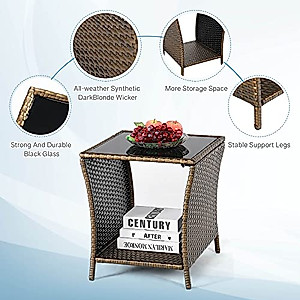 Wicker Side Table Porch Square Side Coffee Table with Glass Top and Storage Small End Tables Outdoor Porch Sofa Tables or Patio Lawn Balcony Pool Decoration Gold