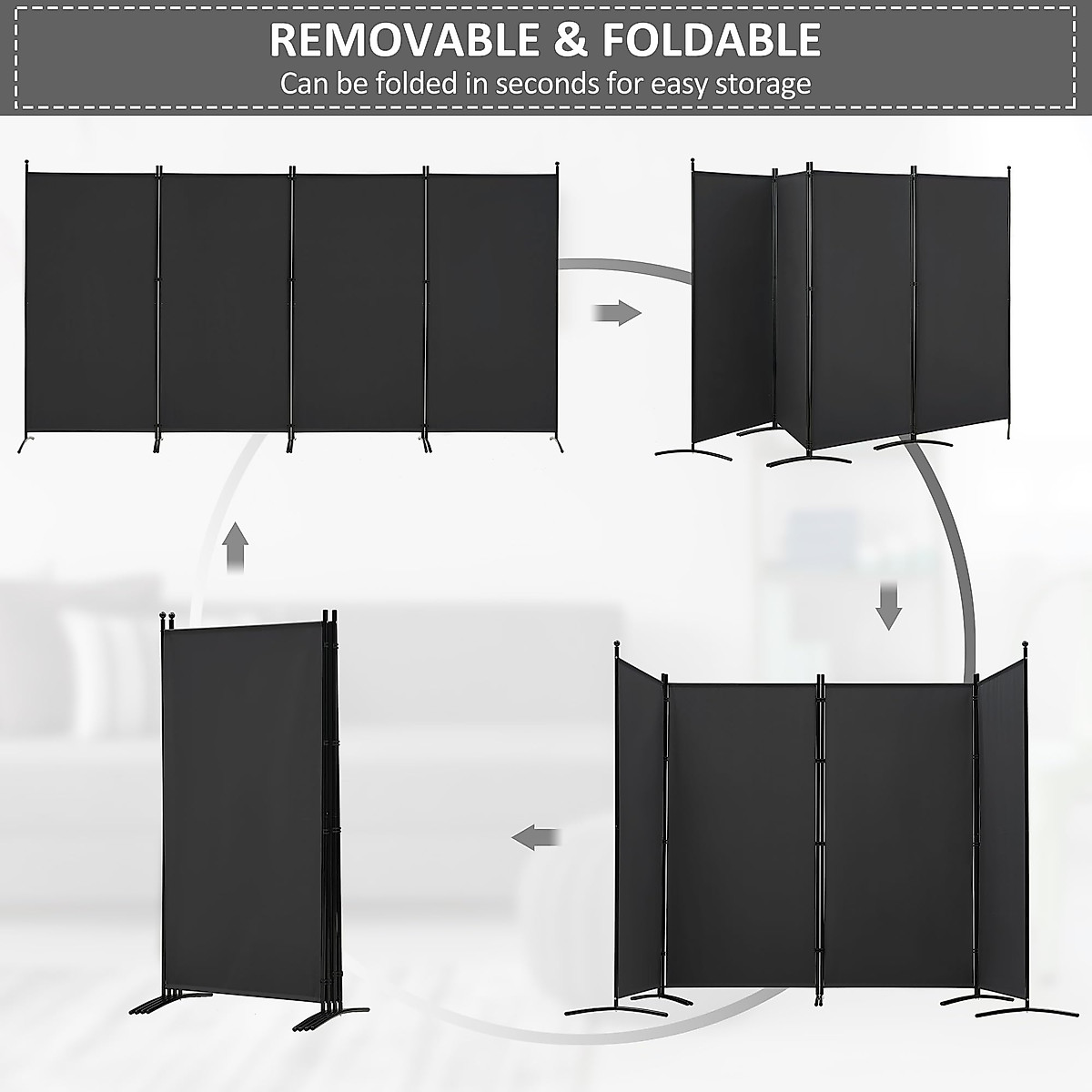 Spurgehom Room Divider 4 Panel Folding Partition Privacy Screens, Freestanding Fabric Room Panel Portable Room Partition Wall Dividers for Home Office Room Restaurant, 136" W X 72" H (Black)