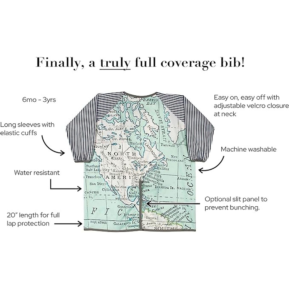 Bibbrella Long Sleeve Bibs for Messy Eaters, Full Coverage Bibs For Baby and Toddlers, Baby Led Weaning Bibs 6m-3y, Toddler Bibs 1-3 years Waterproof Bibs, Blue Map