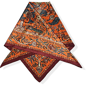 corciova Large Lightweight Women Square Designer Silk Scarf Shawl Pashmina Wrap 53 x 53 Safety Orange Burgundy Florals