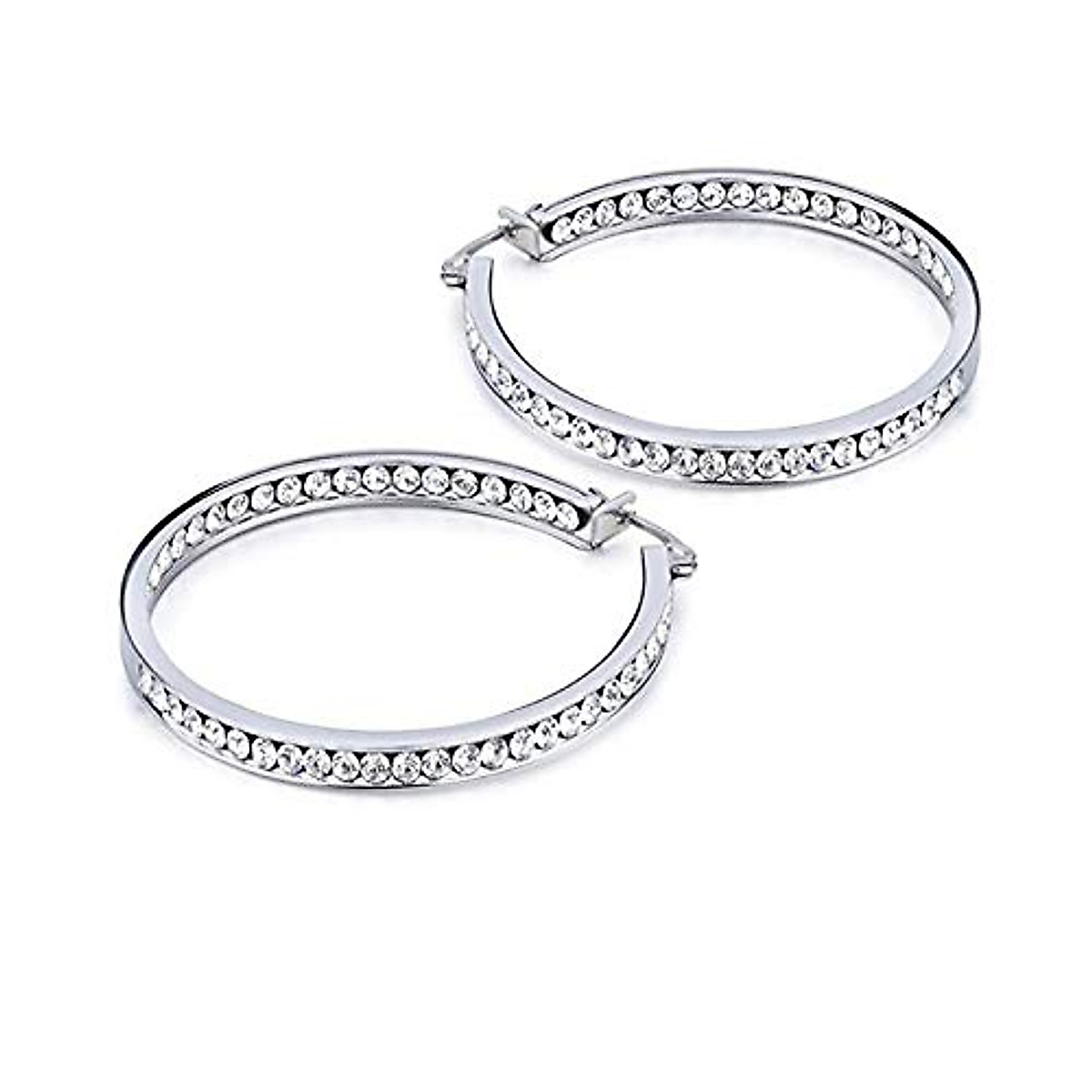 Rnivida Stainless Steel Hoop Earrings Silver Tone Inside-Out Crystal Cz Rhinestone Hoop Earrings for Women 30mm