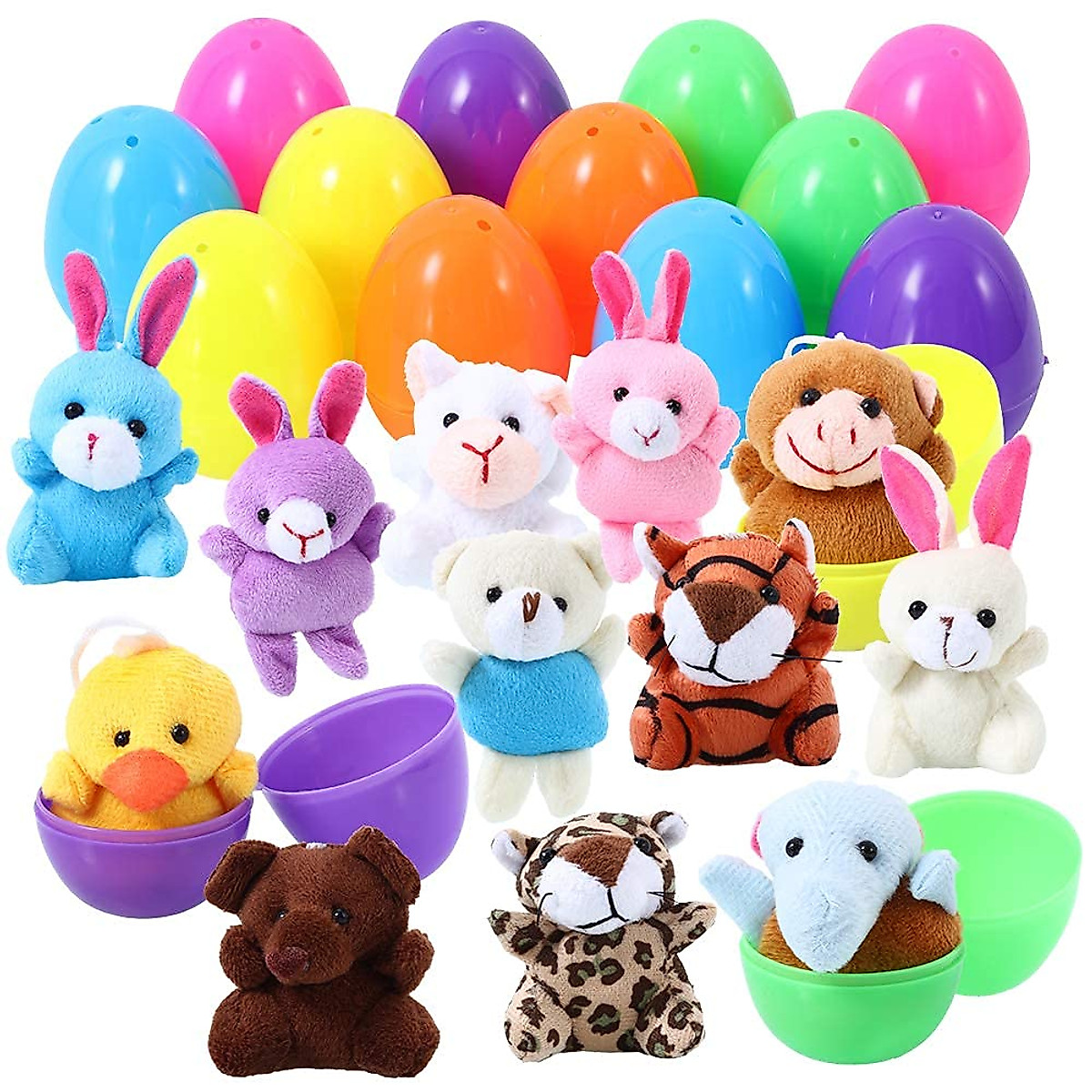 ThinkMax 12 pcs Easter Eggs Filled with Mini Plush Animals Toy for Easter Basket Stuffers/Fillers, Eggs Hunt, Party Favor