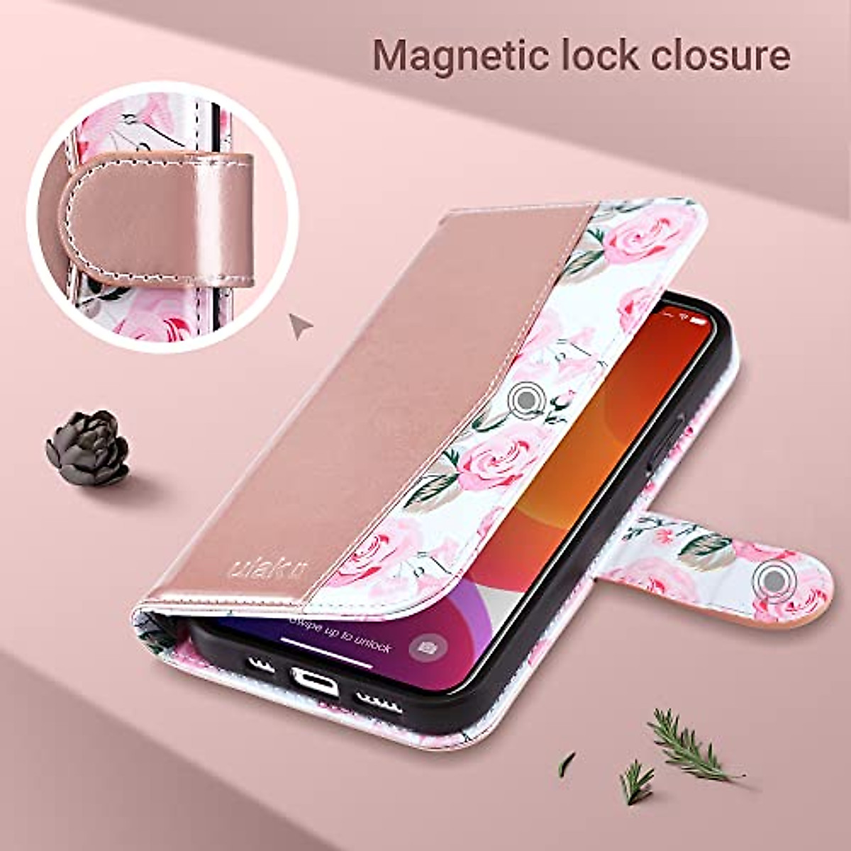 ULAK Compatible with iPhone 12 Wallet Case for Women, Premium PU Leather iPhone 12 Pro Flip Cover with Card Holder, Wrist Strap, Kickstand Shockproof Phone Case for iPhone 12/12 Pro 6.1, Rose Flower