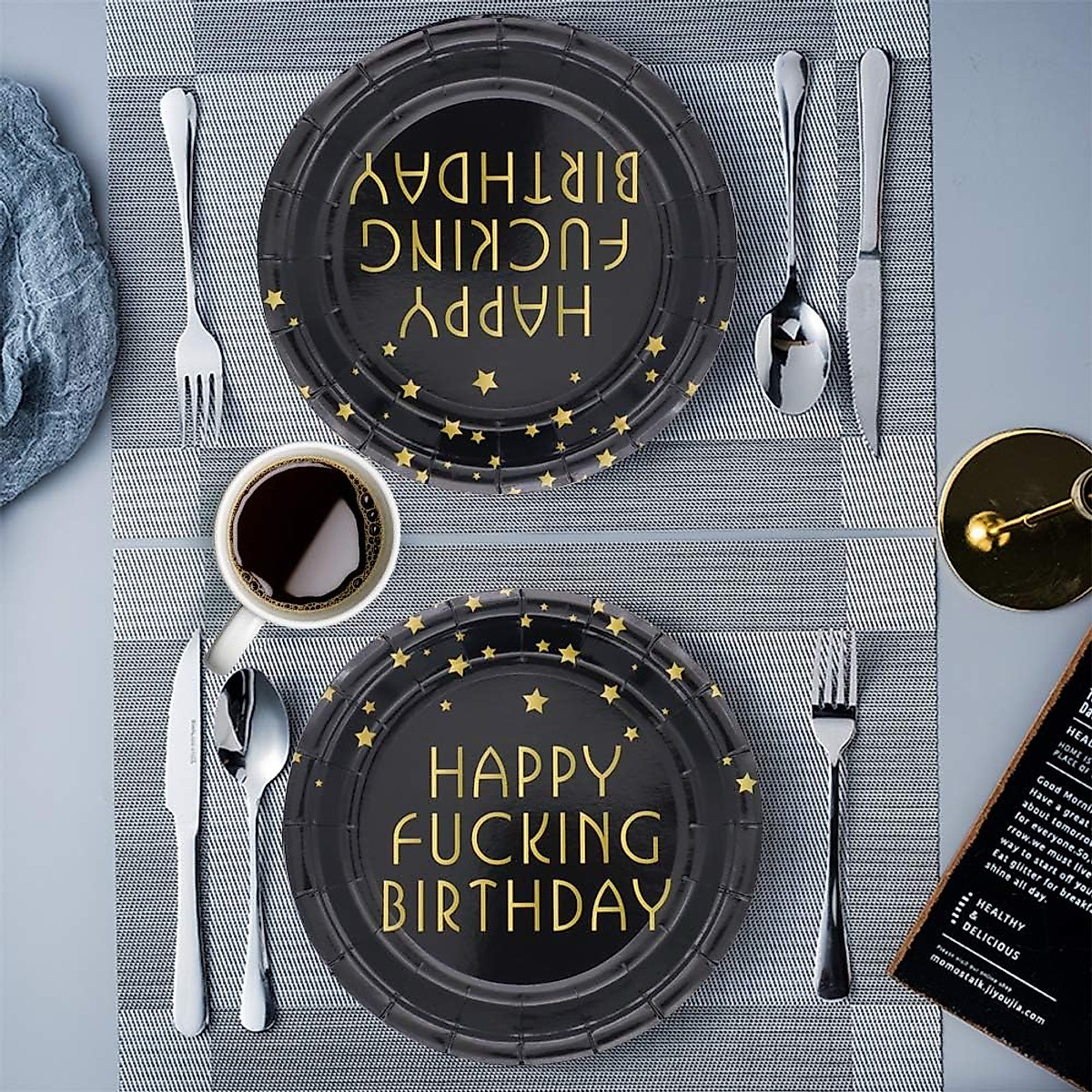 Pandecor Black and Gold Happy FING Birthday party supplies,50PCS Disposable Paper Plates 7 Inch Cake Plates for Adult Funny Birthday Party