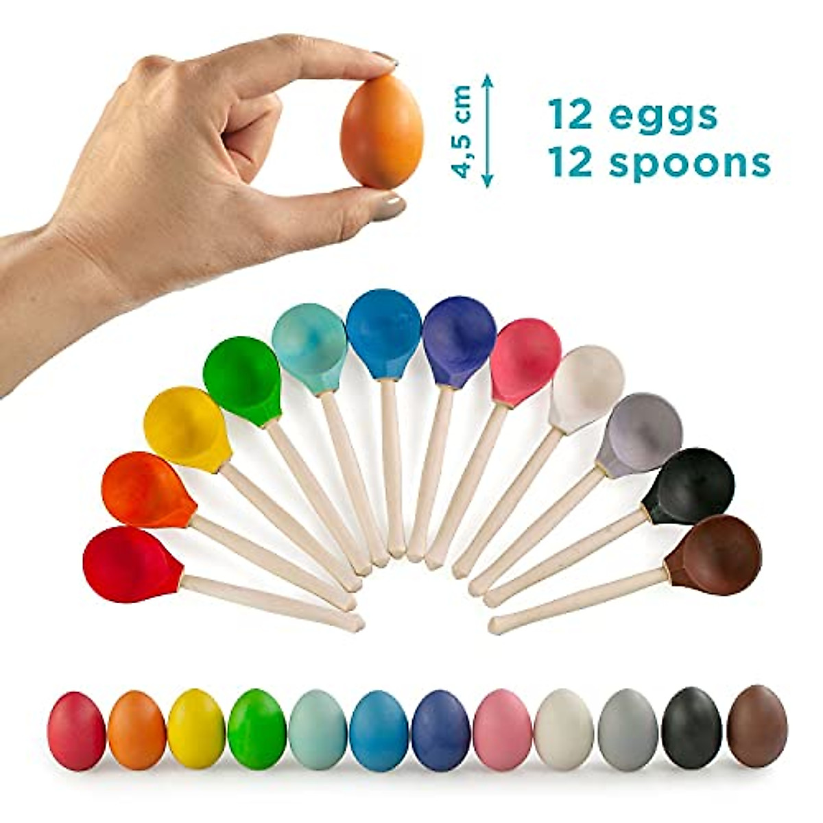 Ulanik Eggs and Spoons Toddler Montessori Toys for 1 Year Old + Kids Wooden Eggs Baby Matching Game for Learning Color Sorting and Counting — 12 pcs, 1.8 in