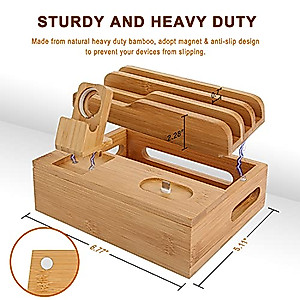 Bamboo Charging Station for Multi Device with 5 USB A Charger Port Sendowtek 6 in 1 Charging Stand for Phone Tablet Smart Watch Holder Earbud Dock Charger Organizer with Power Supply(no watch charger)