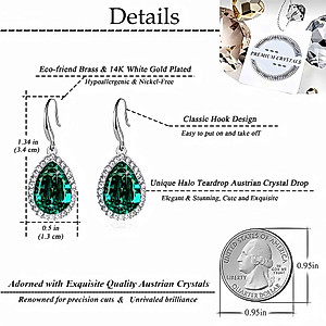 Teardrop Austrian Crystal Halo Dangle Earrings for Women 14K Gold Plated Hypoallergenic Jewelry (Green)