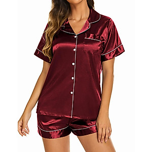 Ekouaer Womens Satin Pajama Set Short Sleeve Pjs Silk Button Down Sleepwear Top and Shorts 2 Piece Lounge Set,Burgundy,X-Large