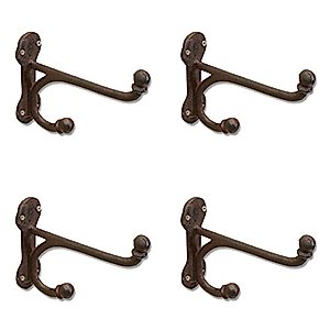 Antiques Market Wall Hooks, Set of 4, Shabby Distressed Finish, Rustic Country Style, Dark Bronze Color, Cast Iron, Vintage Inspired, Each is 6 Inches Long, Cozy Home Collection