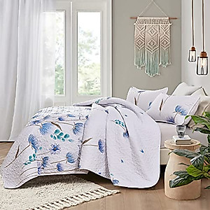 Dinjoy 3 Pieces Blue Floral Queen Quilt Set Purple Floral Coverlet Sets Lightweight Flower Boho Bedspread Quilt Microfiber Summer Quilt with 2 Pillowcases for Adult Women (Queen,90×90 Inches)