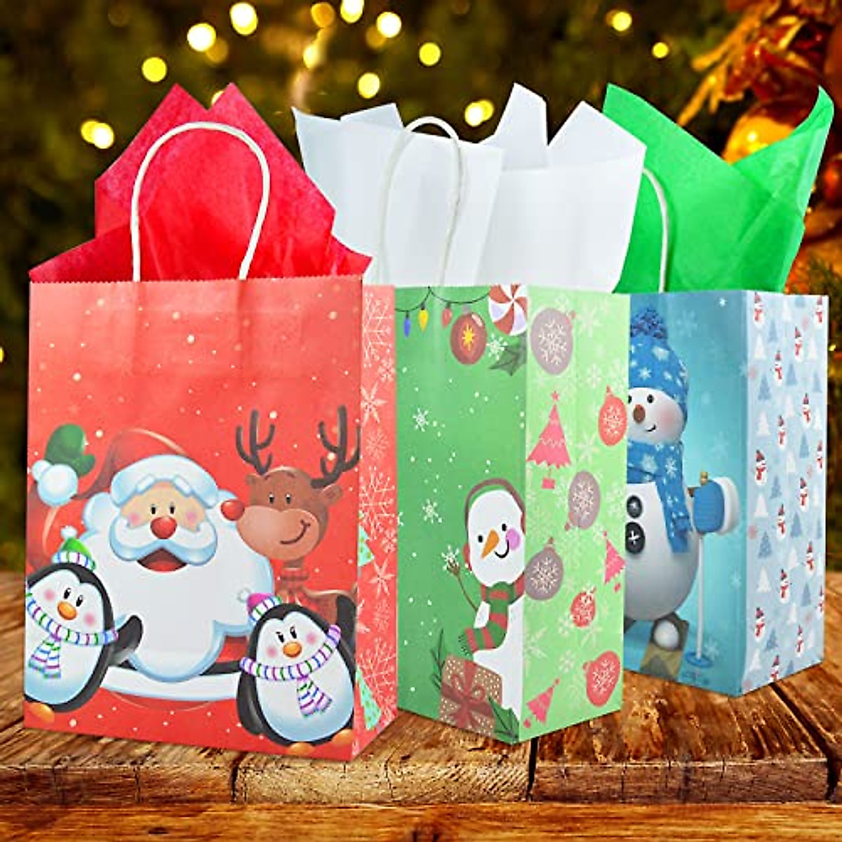 24 pcs Christmas Kraft Gift Bags with 24 Tissue Papers, Holiday Paper Gift Bags,Party Favors Goody Bags, Xmas Presents, Classrooms and Wrapping Stocking Stuffers (Merry Christmas A)