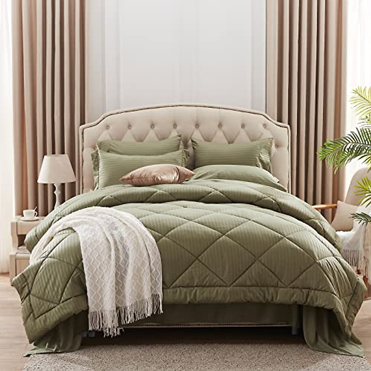 NexHome Bed in a Bag Comforter Sets Queen Green All Season Down Alternative Comforter Soft Microfiber Dobby Stripe 7 Pieces-1 Comforter 2 Pillow Shams 2 Pillowcases 1 Flat Sheet 1 Fitted Sheet