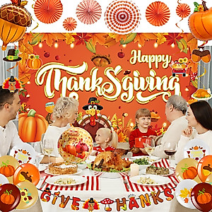 Trgowaul Happy Thanksgiving Day Decorations, 29pcs Orange thanksgiving Party Supplies, Give Thanks Banner Backdrop, Hanging Swirls&Paper Fan Flower Swirl Autumn Balloons, Fall Party Decorations Set