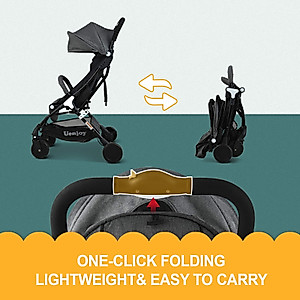Uenjoy Baby Stroller One-Click Foldable Lightweight Stroller, with Lockable Universal Wheels, Five-Point Safety Belt, Adjustable Awning, Variable Seat and Recliner,Gray