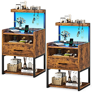 AOGLLATI Nightstand Set of 2 with Charging Station, Rustic Brown Night Stands for Bedroom Set of 2, Bedside Table with Storage Drawer and LED Light, End Side Table with USB Ports Easy Assembly