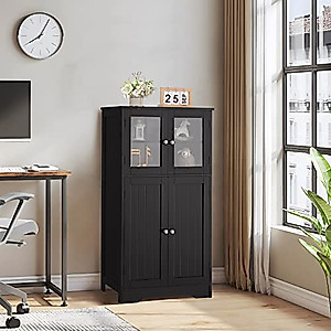 Iwell Bathroom Cabinet, Linen Storage Cabinet with Glass Doors & Adjustble Shelf, Bathroom Floor Cabinet, Cupboard for Living Room, Office, Enterway, Black