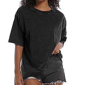 BINTEHGS Oversized Grunge Vintage t Shirts for Women Short Sleeve Cotton Casual Baggy Tees Teens Trendy Crew Neck Loose Tops（Black,M）