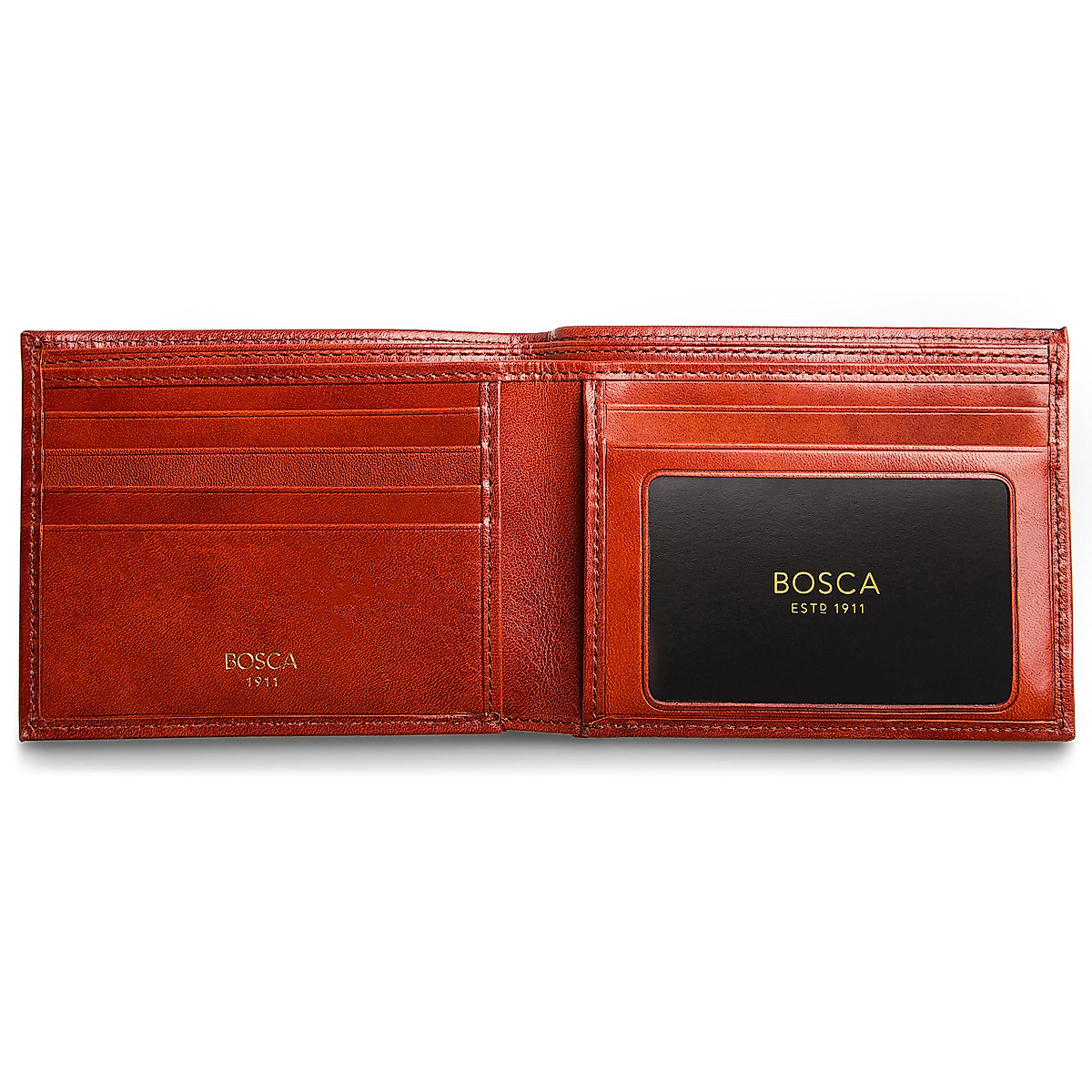 Bosca Men's Leather Wallet RFID Blocking - Bifold Executive Men's Wallet with 5 Card Slots, ID Window & Divided Currency Well - Genuine Old Leather, Ideal Gift Wallet for Men, Cognac Brown