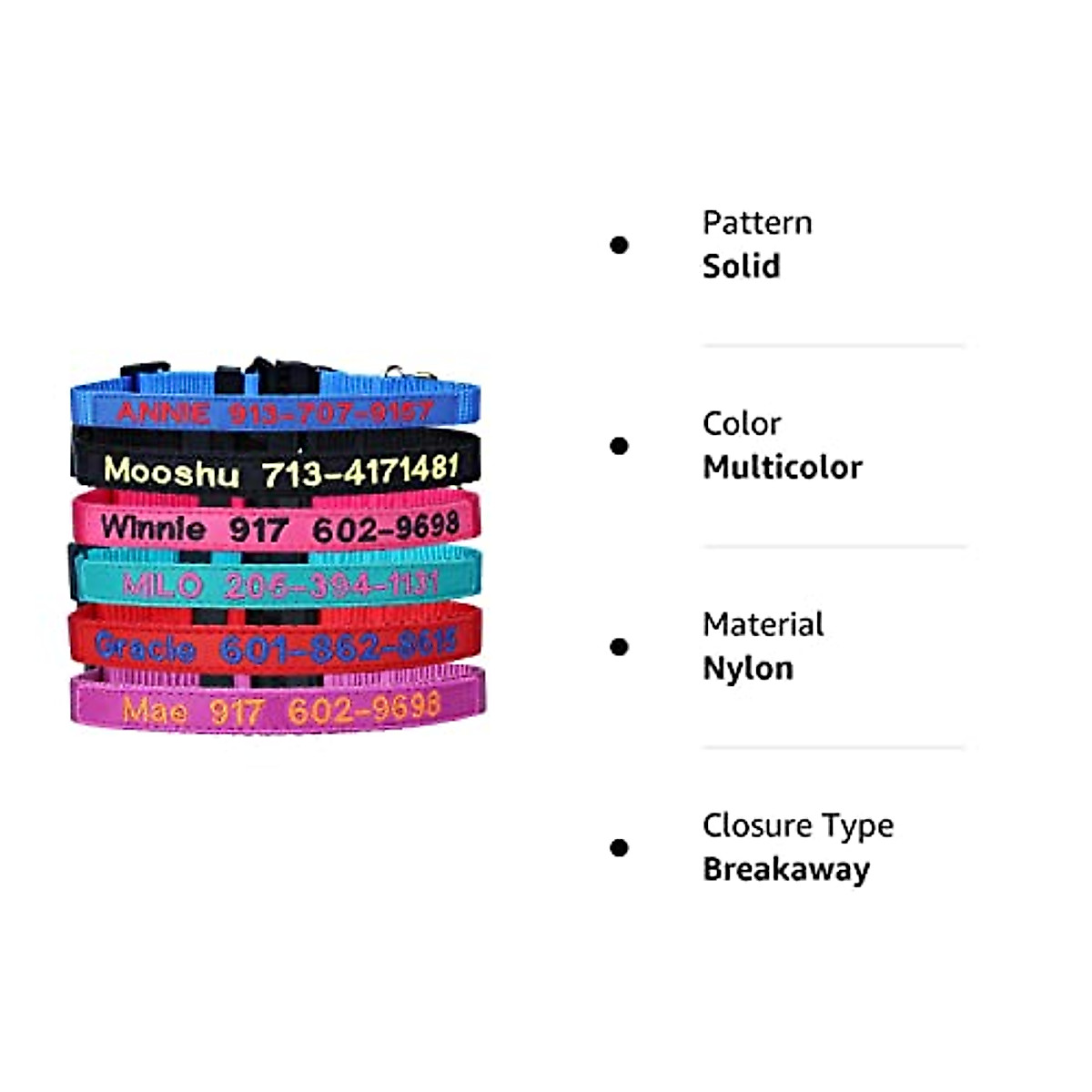 Personalized Nylon Cat Collar Breakaway with Bell - Custom Embroidered Text ID Collars with Pet Name and Phone Number