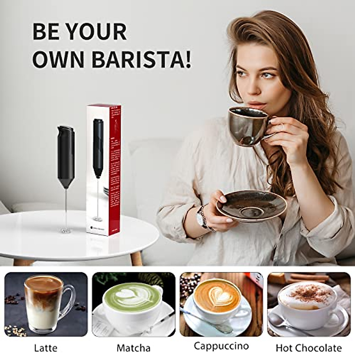 Milk Frother for Coffee, Handheld Frother Electric Whisk, Milk Foamer, Mini Mixer and Coffee Blender Frother for Latte, Matcha, Cappuccino, Hot Chocolate, Battery Operated Mini Drink Mixer