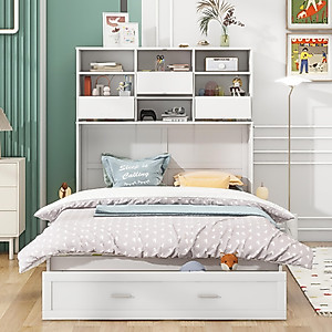 P PURLOVE Queen Murphy Bed Cabinet with Bookcase, Bedside Shelves and a Big Drawer,Solid Wood Level Folding Multipurpose Murphy Bed for Apartment/Living Room