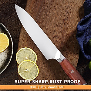 BOMCET 8" Pro Chef's Knife, Super Sharp Blade HRC62+ German Steel Kitchen Knife with Ergonomic Handle Design