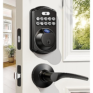 Veise Fingerprint Door Lock with 2 Lever Handles - Keyless Entry Door Lock, Electronic Keypad Deadbolt & Front Door Lock Handle Sets, Auto Lock & 1 Touch Locking, Easy Installation, Matte Black
