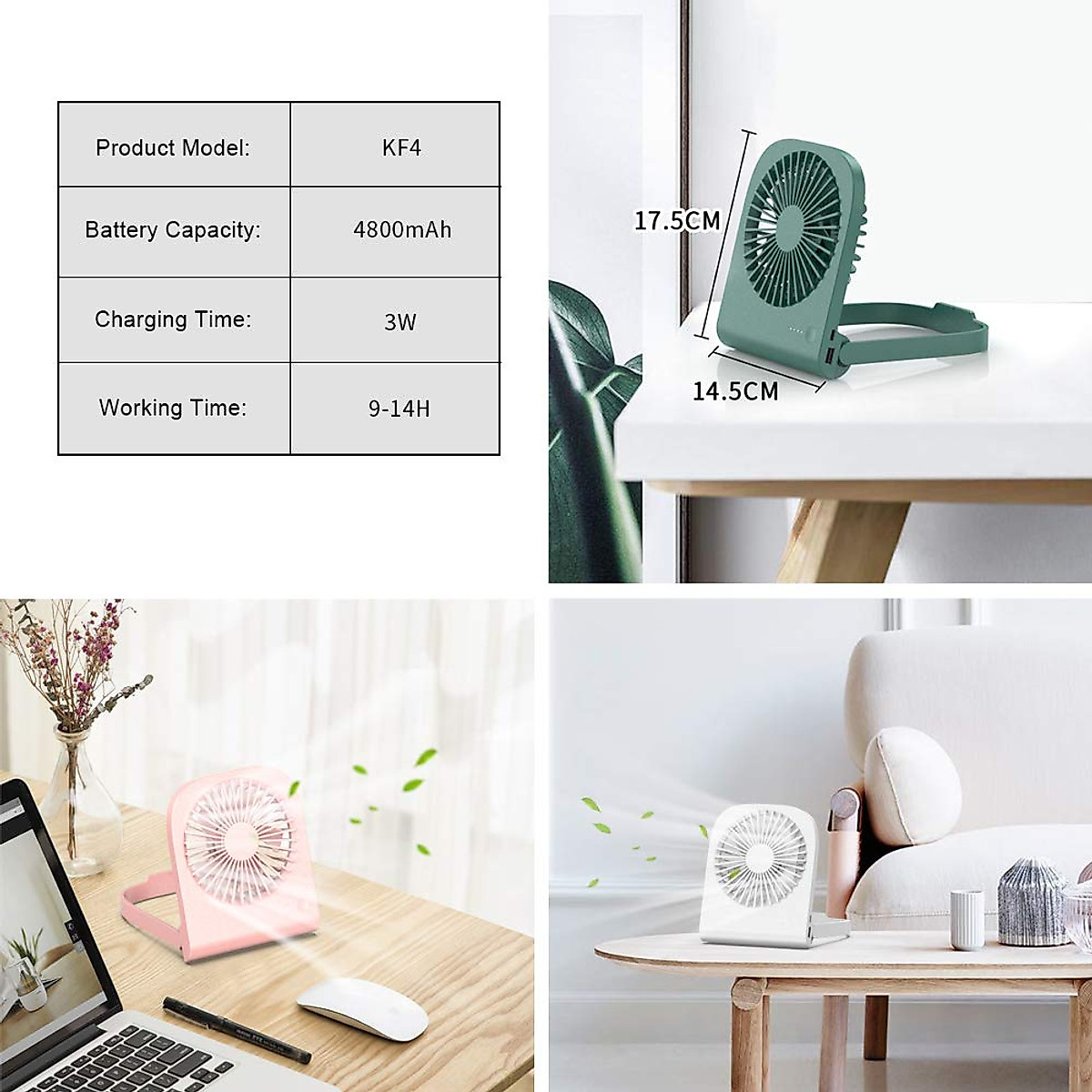 Personal USB Desk Fan, iHoven Mini Portable 14h Cooling Office Rechargeable Small Table Fan, 4800mah Quiet Battery Operated Desktop Fan Adjustable for Home Office Car Outdoor Travel White (white)