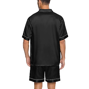 SWOMOG Men Silk Satin Pajamas Set Button Down Sleepwear Short Sleeve Pjs Set Soft 2 Piece Lounge Set Nightwear with Pockets Black Medium