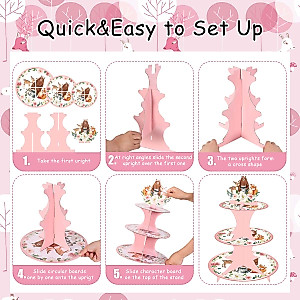 Woodland Animal Party Cupcake Stand for Girls Pink 3-Tier Cake Stand for Baby Shower Jungle Animal Cupcake Tower Decorations for Woodland Birthday Animal Theme Party Cake Holder Decorations for Kids