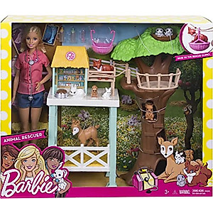 Barbie Doll & Playset, Animal Rescuer Theme with Vet Doll, 8 Animal Figures, Treehouse, Care Station, Rope Bridge & More (Amazon Exclusive)