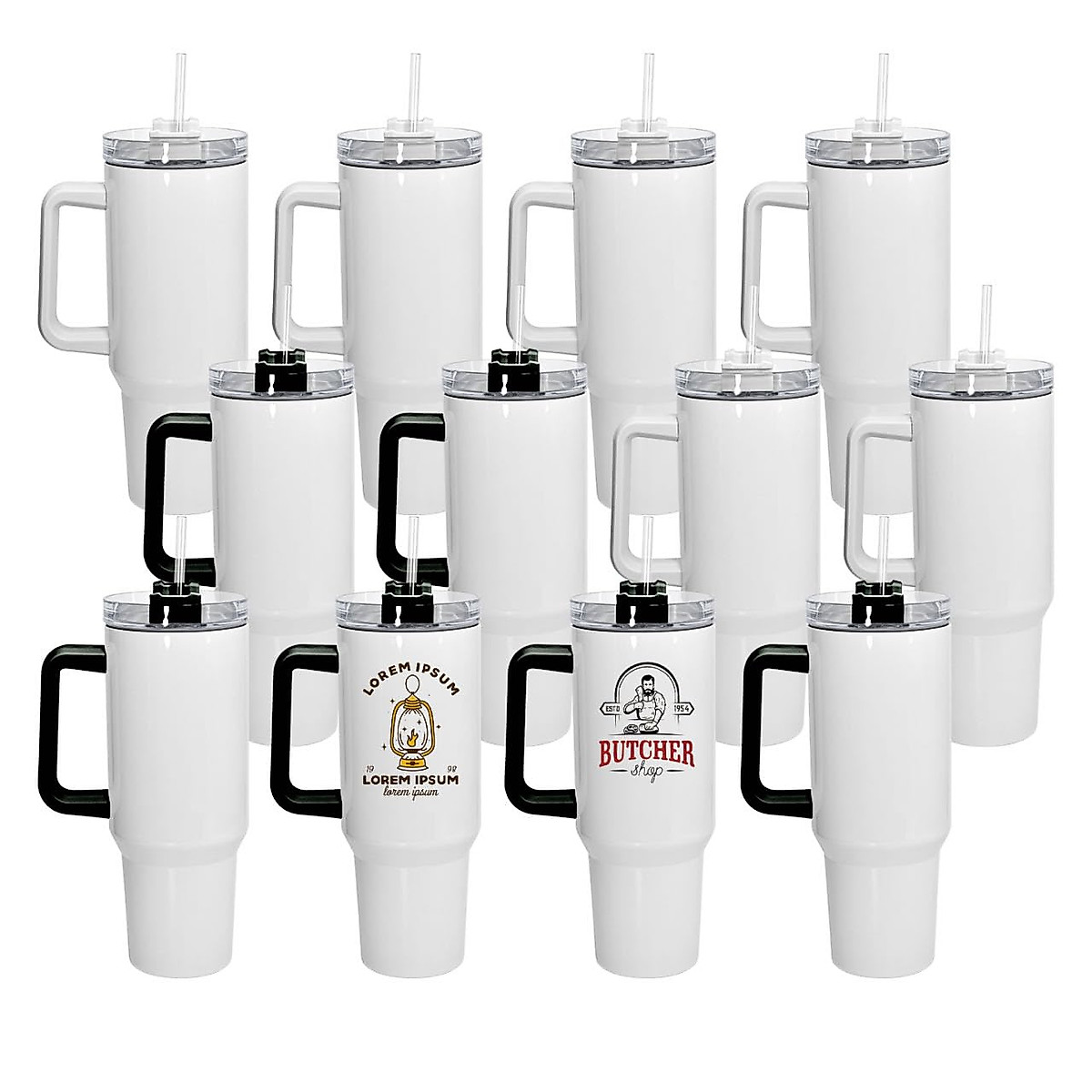 Icesip 12 Pack 40oz Sublimation Tumbler Blank, Sublimation Tumbler With Handle Double Wall Stainless Steel Insulated Tumblers Blanks Cups White Black Handle for Heat Transfer Machine Printing