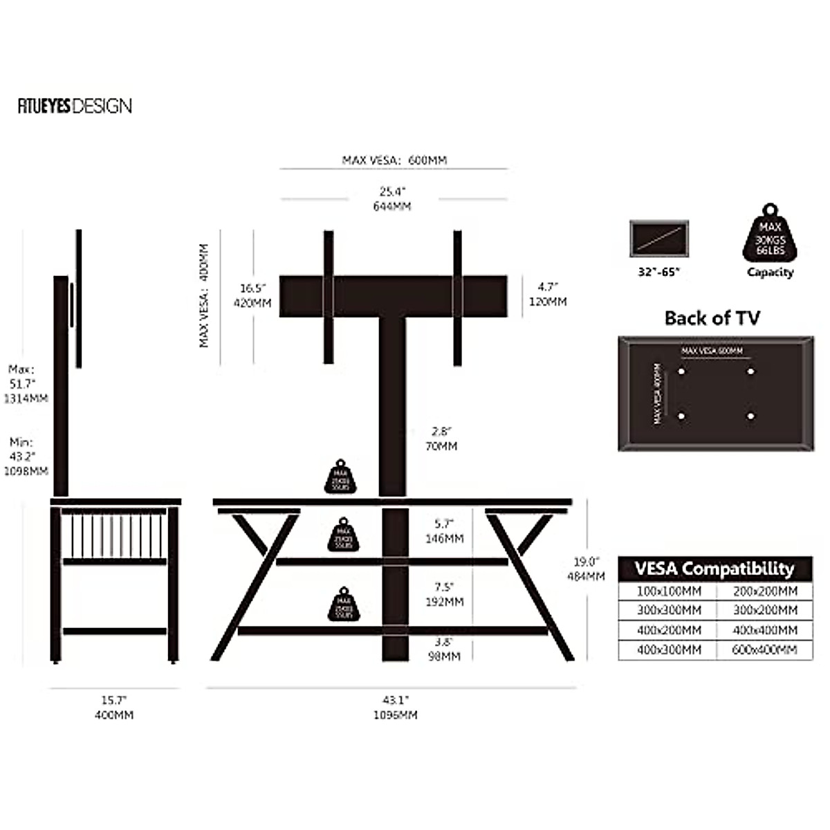 FITUEYES Wood TV Stand with Mount for 32-65 Inch TVS Entertainment Center with Mount for LCD/LED Flat Curved Screens - Height Adjustable, Cable Management, Open Storage, Walnut, VESA 600x400mm