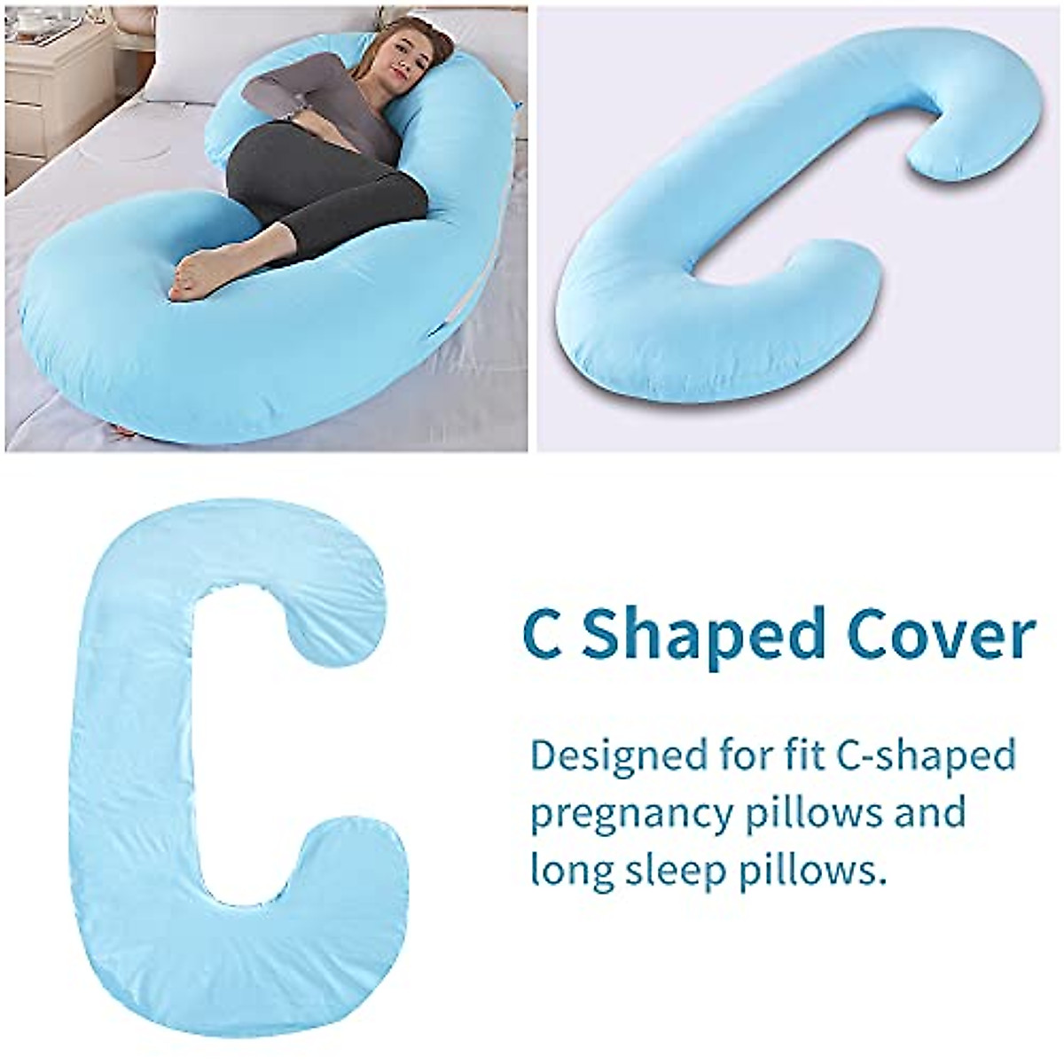 Wndy's Dream Pregnancy Pillowcase Double Zippers, Fully Body Maternity Pillow Replacement Cover, Soft Breathable Jersey Fabric, Fit 57" x 30" C Shaped Pillow(Sky Blue)
