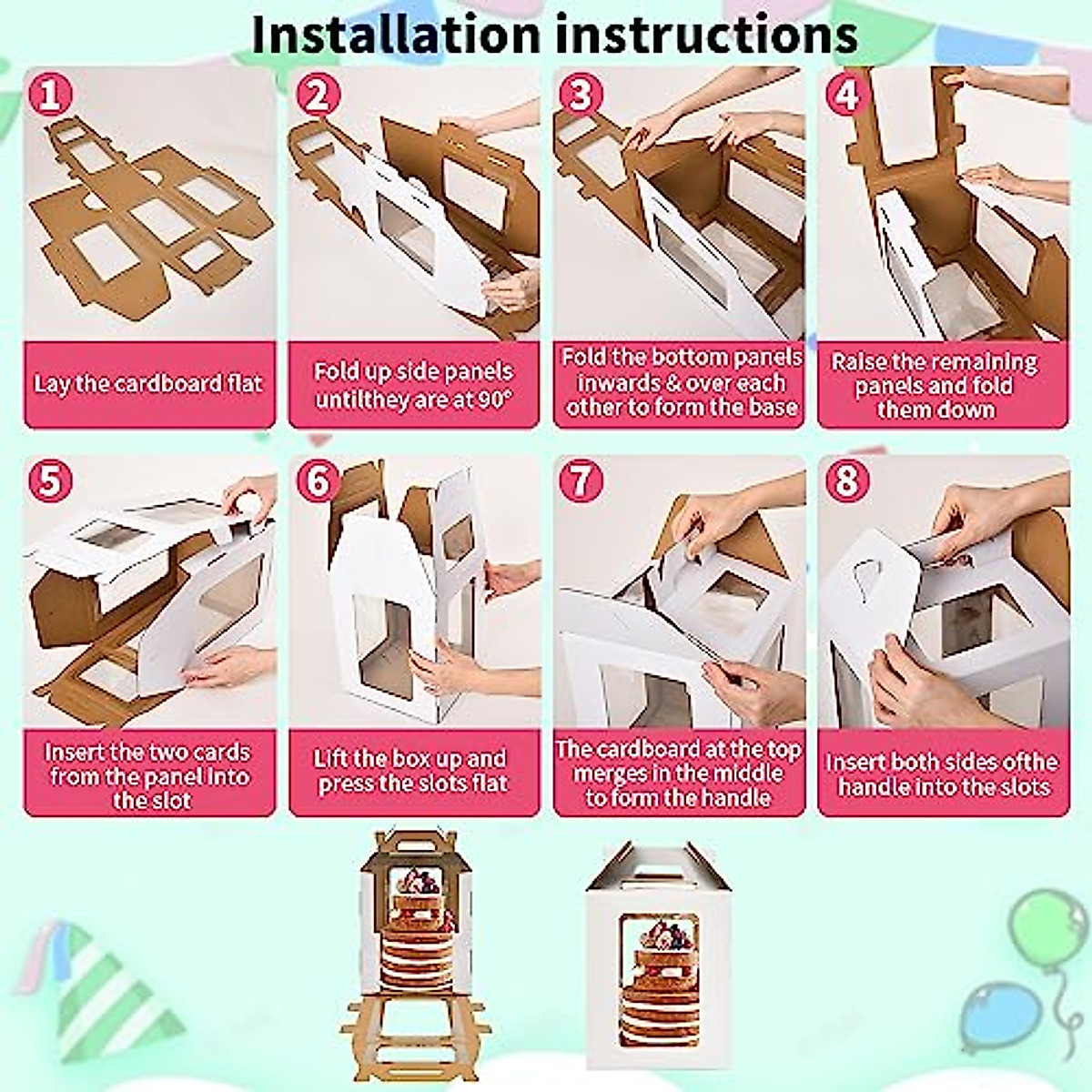 Hzzycaxli 6Pcs Tall Cake boxes with 6 windows and Cake Boards,10x10x12 Inch Large Tiered Cake Box for Wedding Birthday Transport,Durable White Bakery Box Disposable Cake Containers Cake Boxes