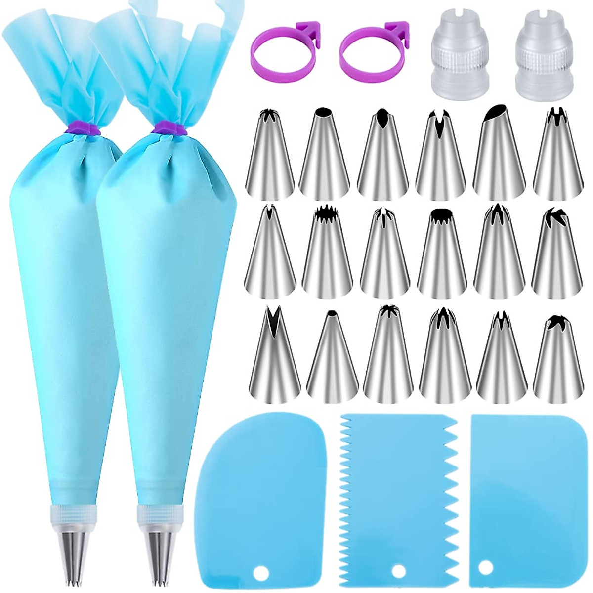 Wddeevoi Piping Bags and Tips Set, Cakes Decorating Kit Supplies with 2 Reusable Pastry Bags, 18 Frosting Tips, 2 Couplers, 2 Bag Ties, 3 Cake Scraper, Cake Decorating Tools for Cookie Icing
