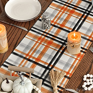 Artoid Mode Orange Black Buffalo Plaid Fall Table Runner, Halloween Kitchen Dining Table Decoration for Outdoor Home Party 13x72 Inch