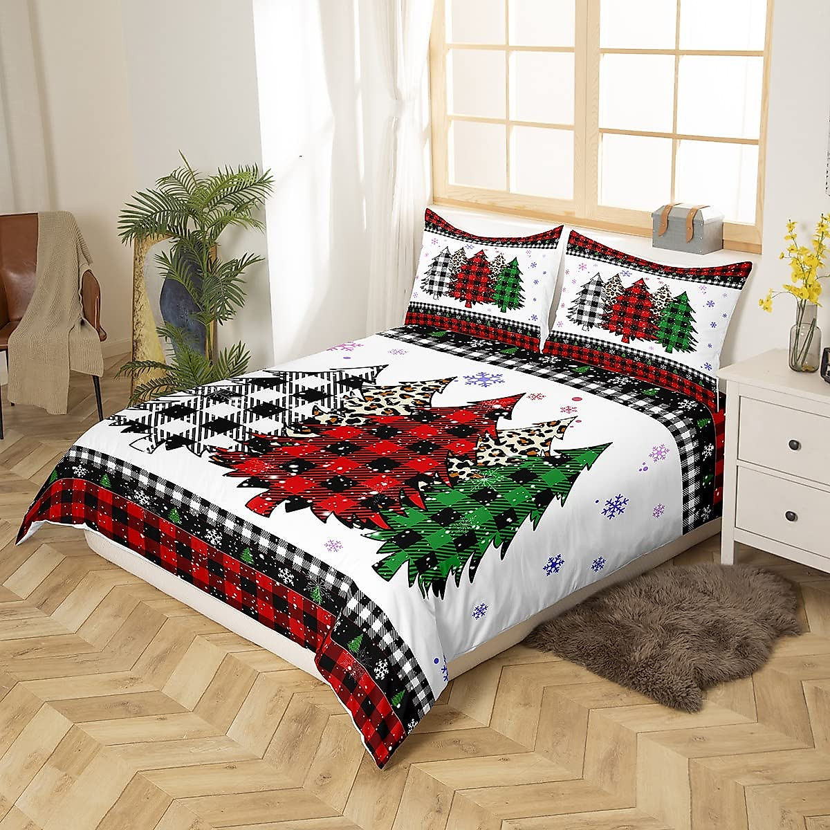 Christmas Snowflake Kids Duvet Cover Set King Size,Plaids Leopard Pine Tree Bedding Set,Girls Boys Adults Room/Xmas Cabin Decor,Holiday Rustic Comforter Cover,Red Black Quilt Cover,3pcs,2 pillowcases