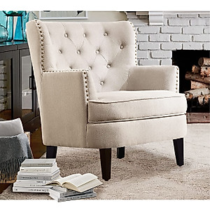 Rosevera Accent Chair and Ottoman Set - Button Tufted Armchair for Living ROM, Bedroom, Reading - Mid-Century Modern Lounge Chair Set - Beige