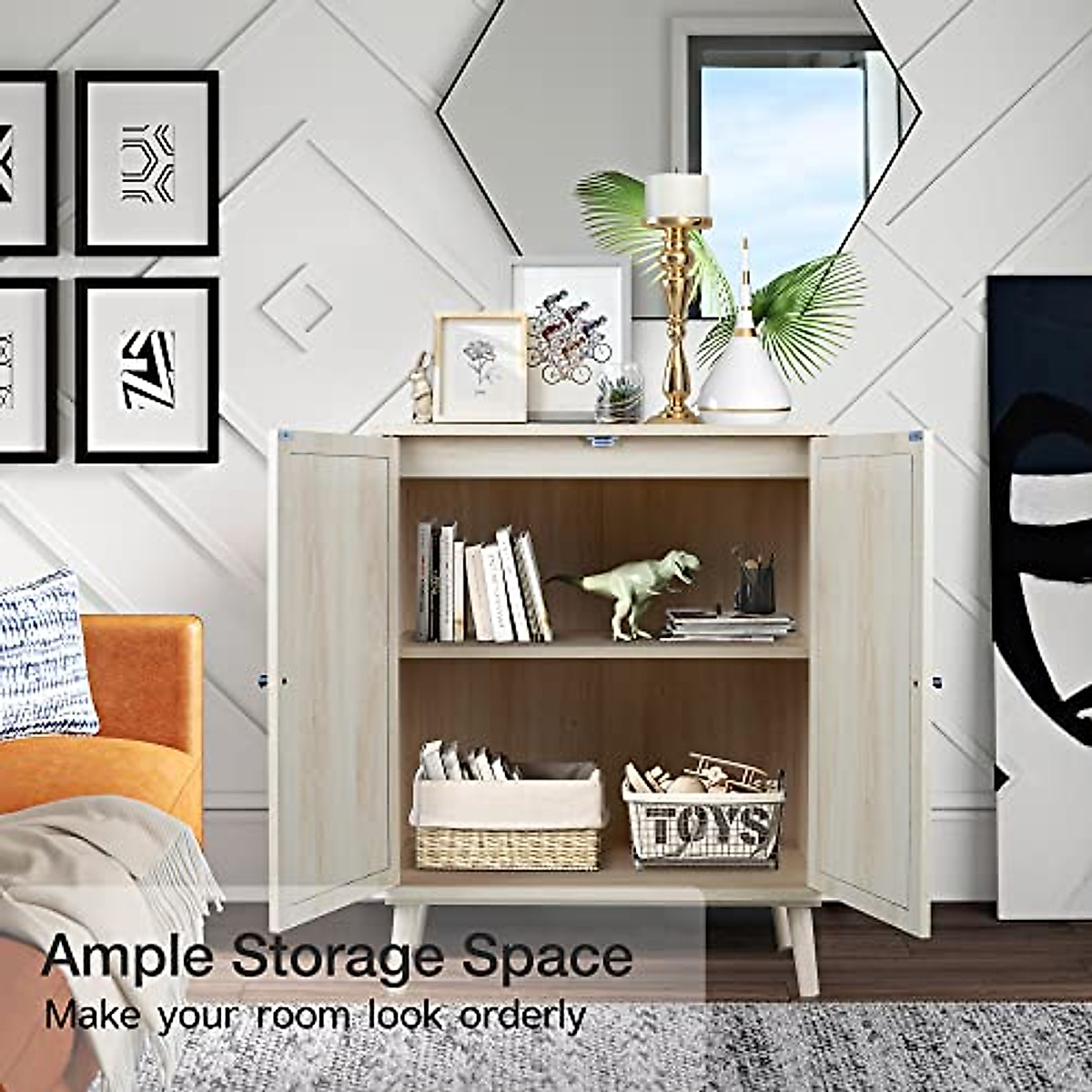 QHITTY Rattan Sideboard Buffet Cabinet, Accent Kitchen Storage Cabinet Console Table with Adjustable Shelves for Living Room, Dining Room, Bedroom (Natural)