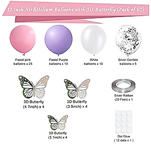 Pink Purple White Latex Balloons with 3D Butterfly, 62pcs 12 Inch Light Pink Purple Balloons with Ribbon for Girl Birthday Decorations (PinkSilver)
