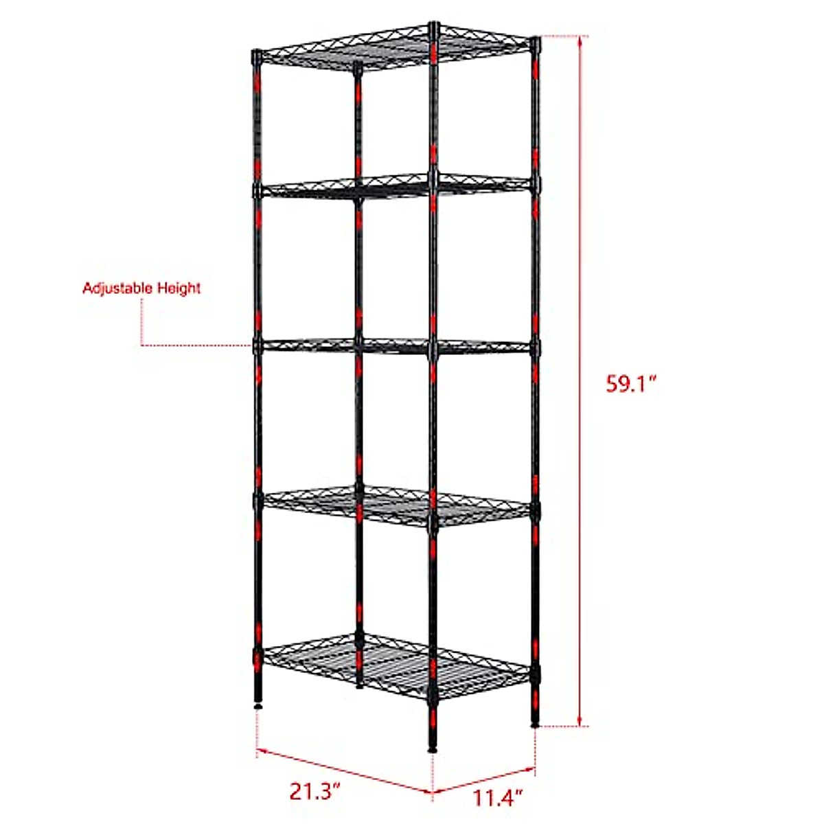 Karl home 5 Tier Wire Shelving Unit Height Adjustable Storage Metal Shelf, Heavy Duty Garage Rack for Office, Kitchen, Laundry (21.3" L x 11.4" W x 59.1" H, Black)