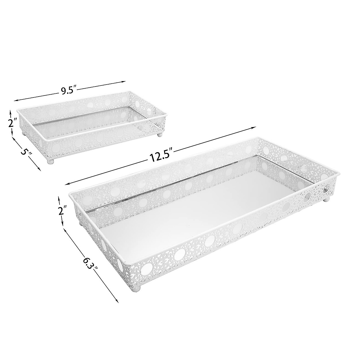 Tricune 2Pcs Perfume Tray - Bathroom Vanity Tray - Mirror Tray - Set of 2 Decorative Perfume for Dresser Jewelry Organizer Makeup Glass Tray 12.5 X 6.3 + 9.5 X 5 Inch Silver