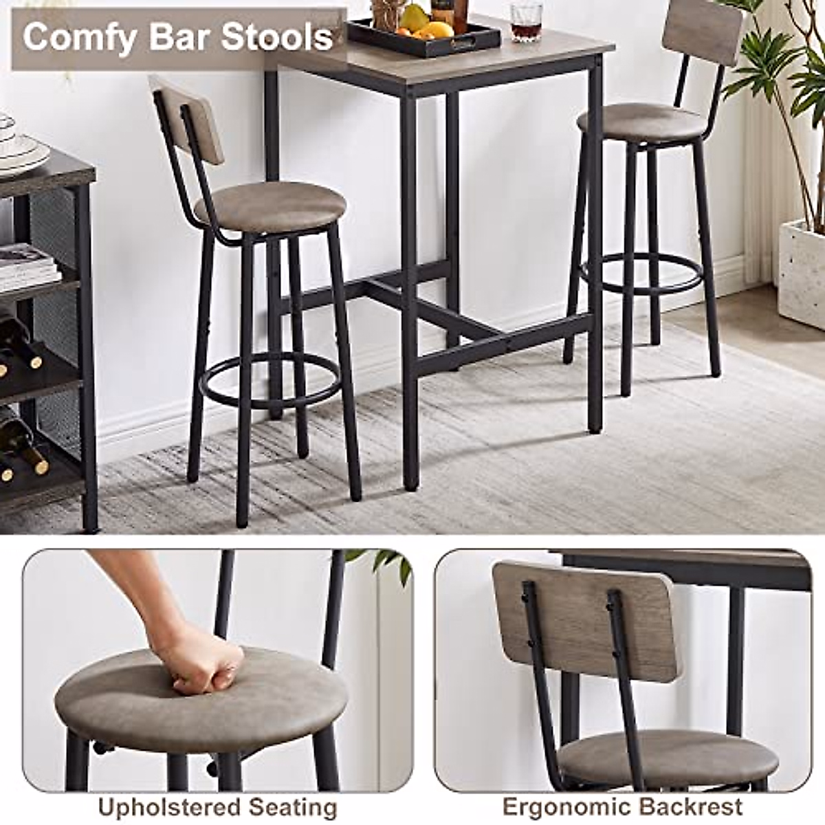 Neylory Bistro Table and Chairs Set of 2, Pub Table and Bar Stool Set, Small Kitchen Dining Table with Upholstered Barstools, Grey