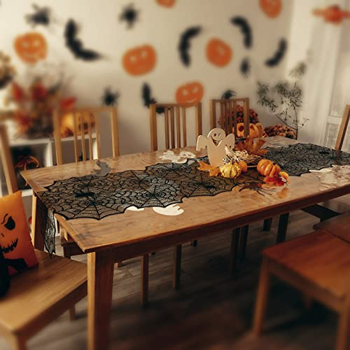 Pleaseedo Halloween Decorations Indoor Sets, Halloween Fireplace Mantel Scarf, Halloween Banner, Halloween Table Runner, Halloween Tablecloth Round Lace, Scary 3D Bat Halloween Decors