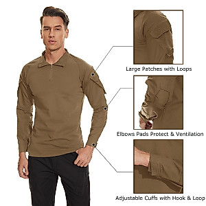 TACVASEN Combat Shirt for Men Long Sleeve Tactical Shirt 1/4 Zip with Pockets Military Pullover Ripstop Army Training Security Paintball Brown M