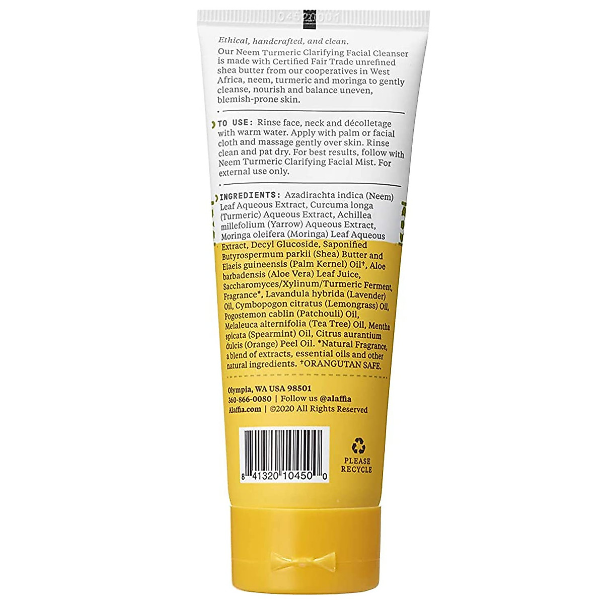 Alaffia Neem Turmeric Clarifying Facial Cleanser - Gently Cleanses Skin, Helps Reduce Acne with Fair Trade Shea Butter, Moringa, and Aloe Vera, Neem, Natural Mint, 3.4 fl oz Tube