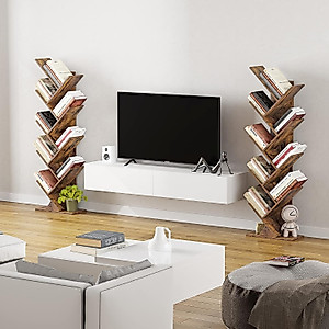 Function Home 9 Tier Tree Bookshelf, Modern Tall Geometric Bookcase, Freestanding Book Shelf, Wood Floor Storage Shelf for Living Room, Bedroom, Home Office,Rustic Brown