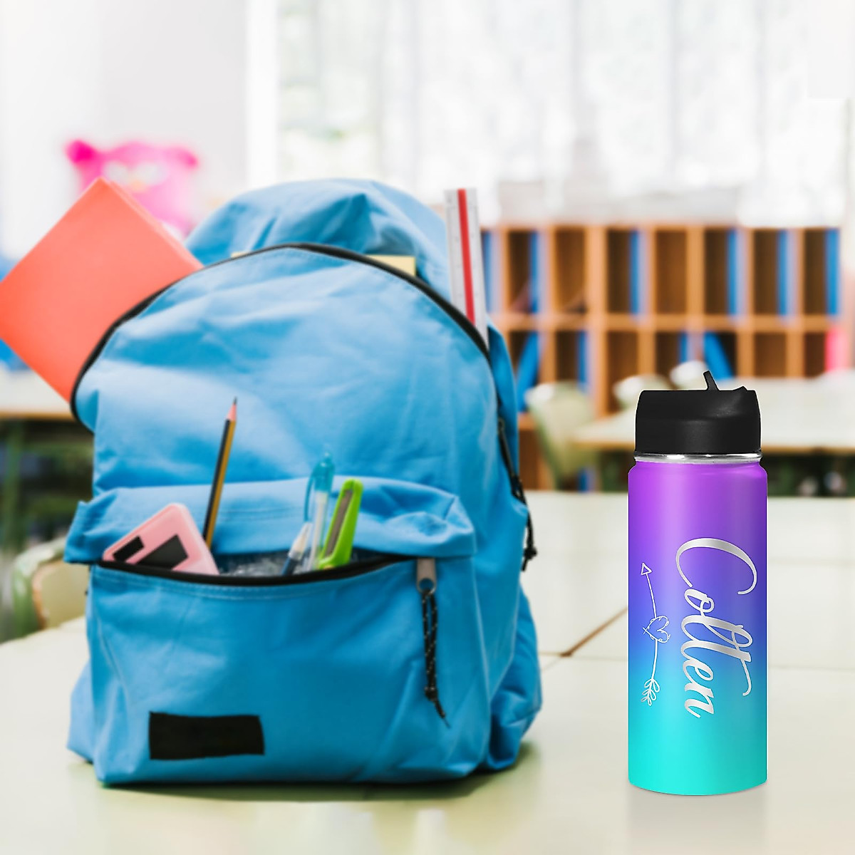 Purefly Personalized Water Bottles for Kids for School With Name or Text Custom Insulated Stainless Steel Sports Water Bottle with Straw and Handle for Girls and Boys Straw Lid Back to School Gift